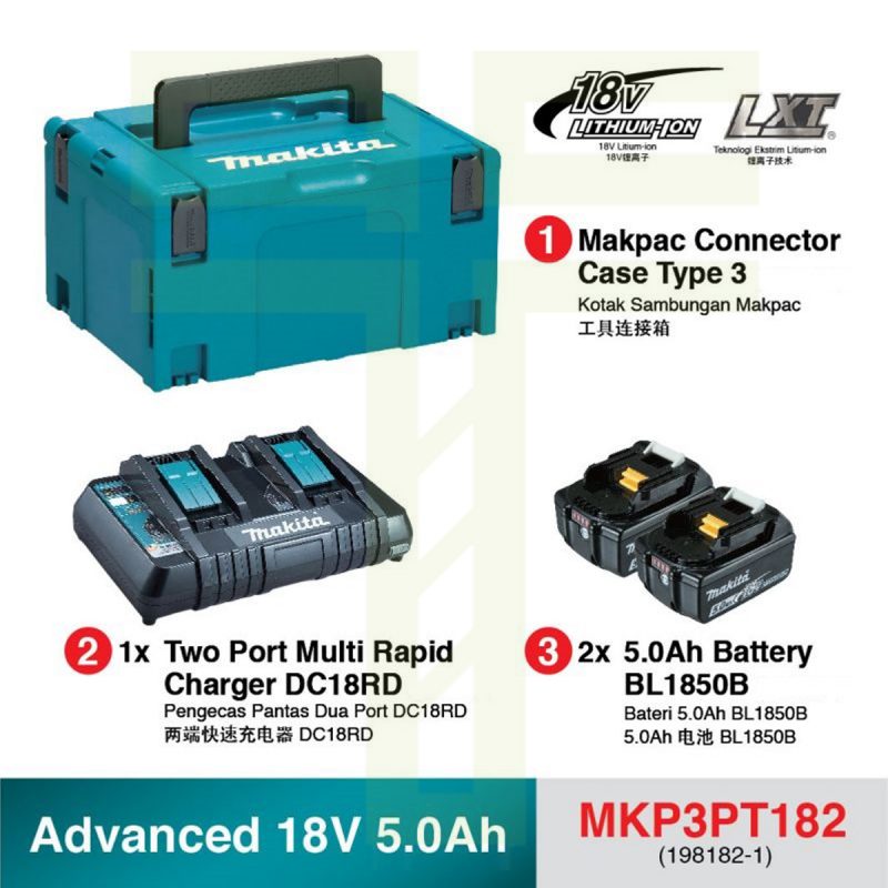 MAKITA MKP3PT182, 18V TWO-PORT CHARGER WITH 2 PCS 5.0AH BATTERIES POWER SOURCE KIT PART NO ...
