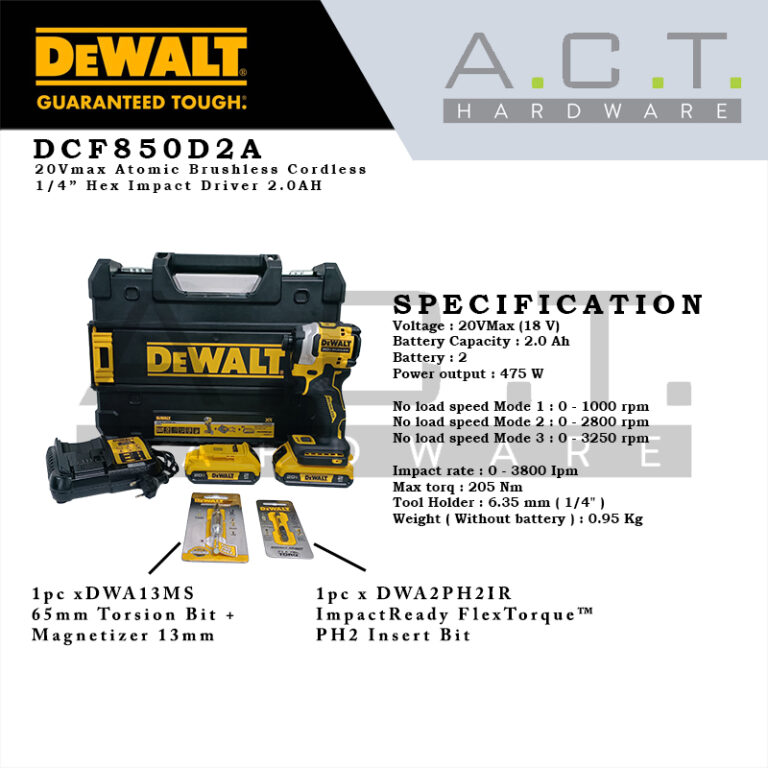 Dewalt Atomic DCF850D2A, 6.35mm ( 1/4" ) 20V/18V Cordless Impact Driver ...